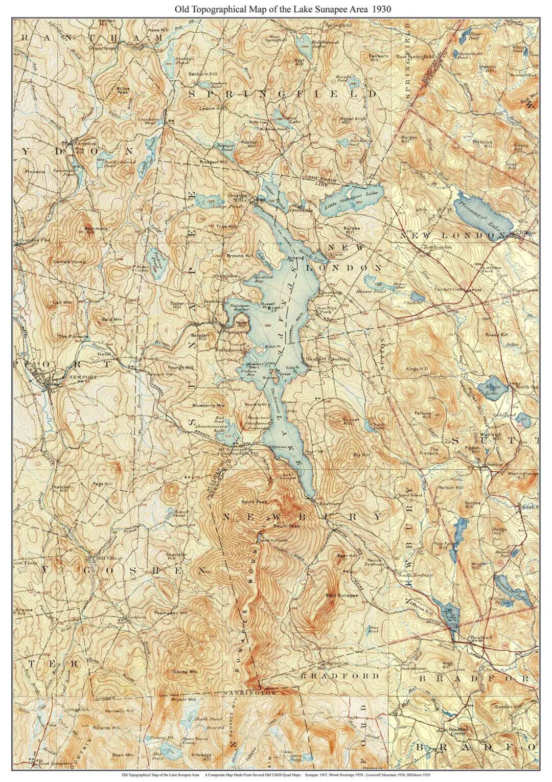 Lake Sunapee - Big Area - Ca 1930 USGS Old Topographical Map Custom ...
