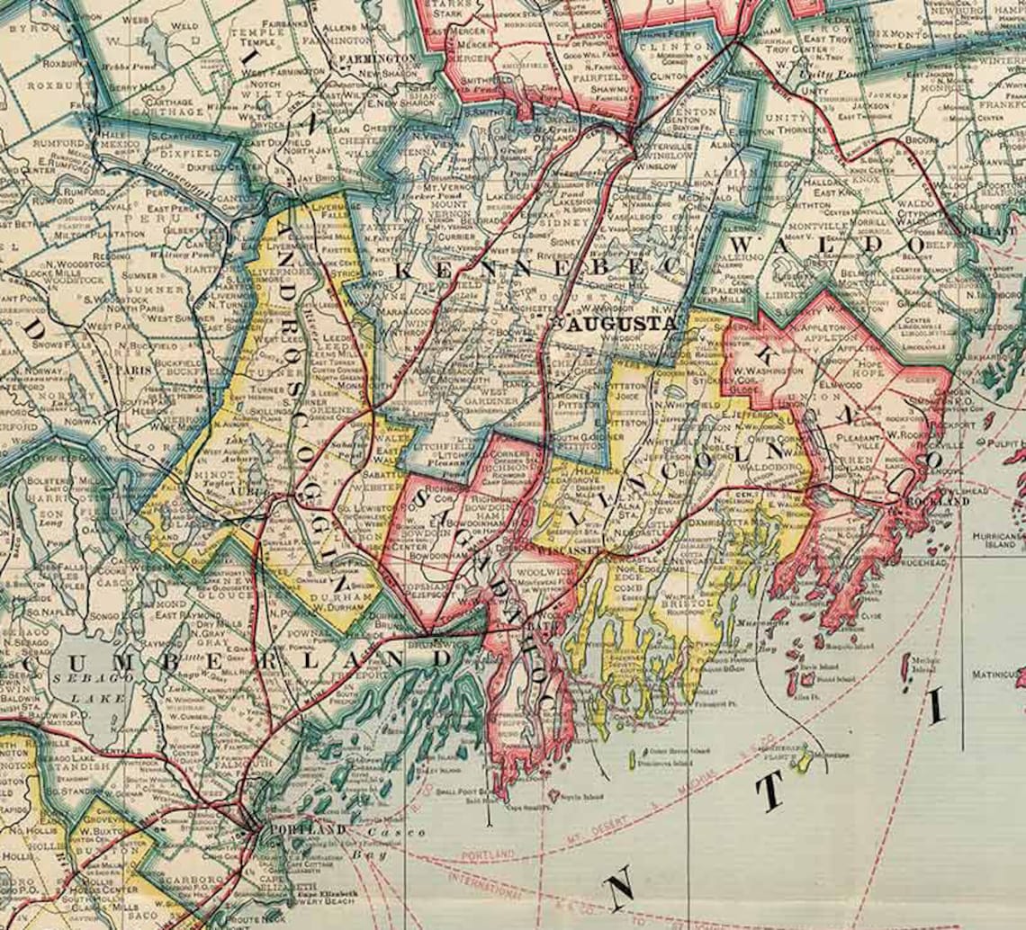 Maine - 1900 Map "showing Railroads, Towns, Plantations and Wild Lands ...