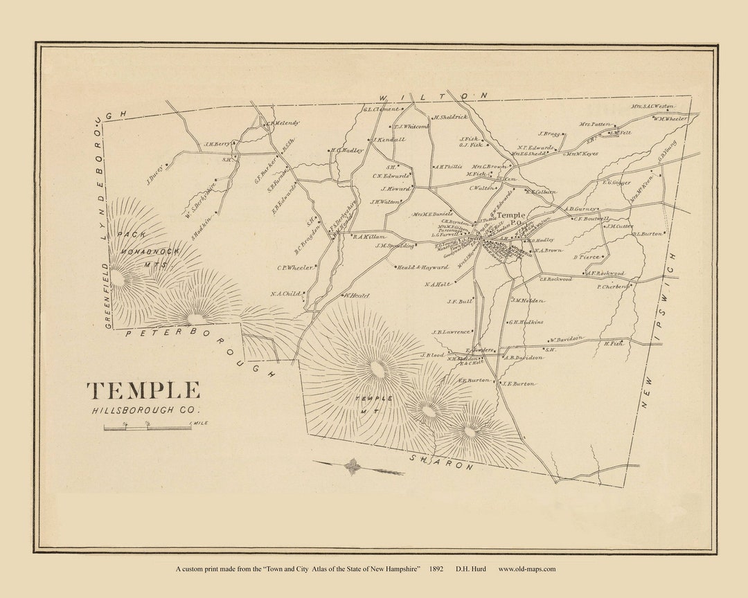 Temple, New Hampshire 1892 Old Town Map CUSTOM Reprint - Hurd State ...