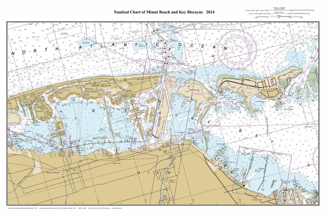 Miami Beach & Key Biscayne 2014 Nautical Map Florida - Custom Print ...