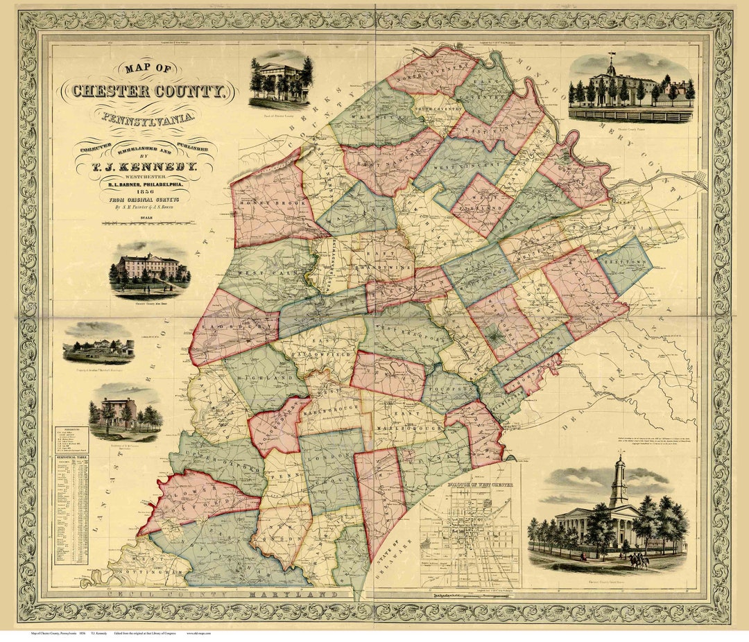 Chester County Pennsylvania 1856 - Old Wall Map With Homeowner Names ...
