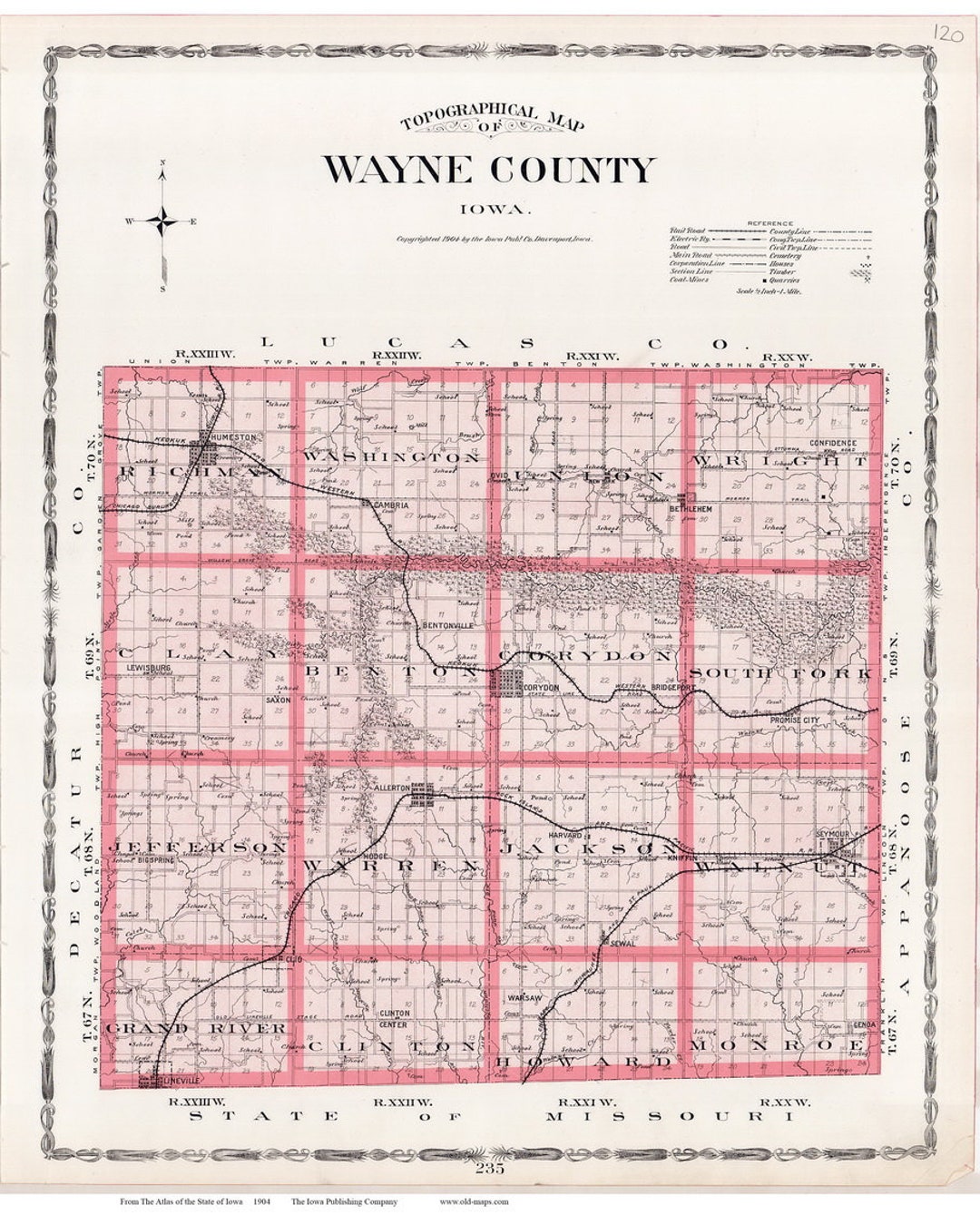 Wayne County 1904 - Old Town Map Reprint - Iowa State Atlas - Genealogy ...