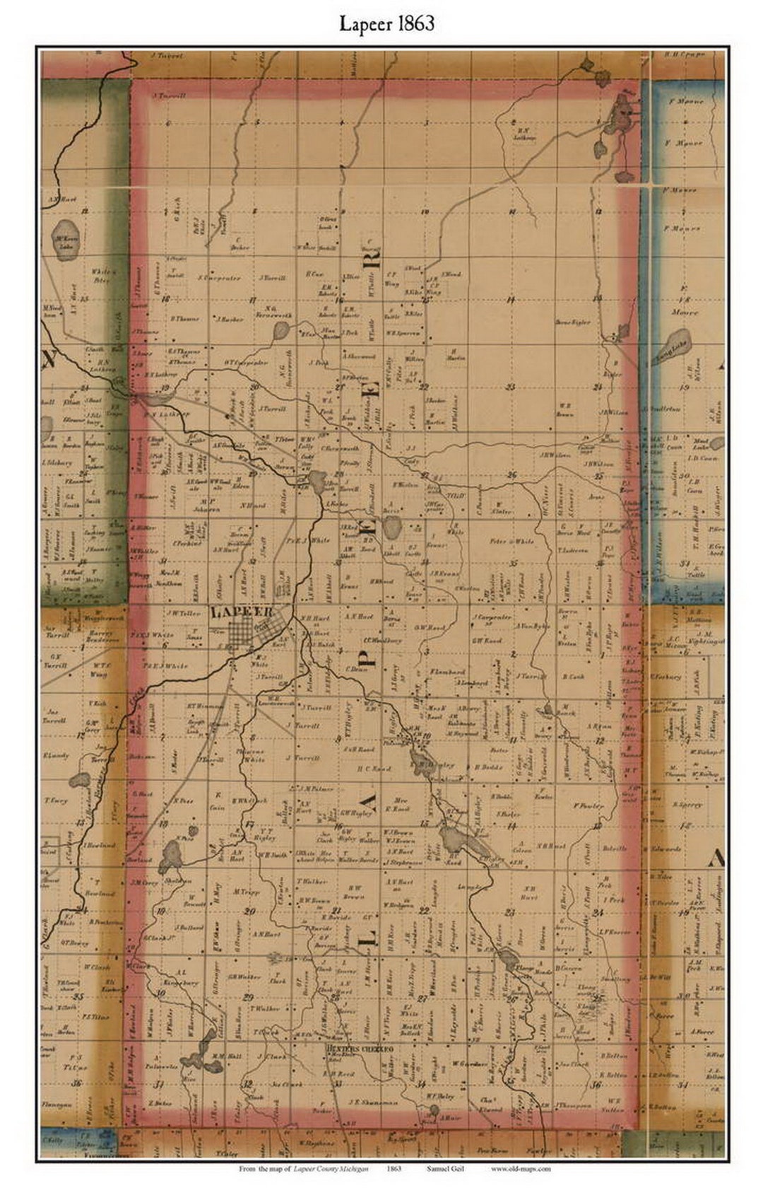 Lapeer 1863 Old Town Map With Homeowner Names - Michigan- Reprint ...