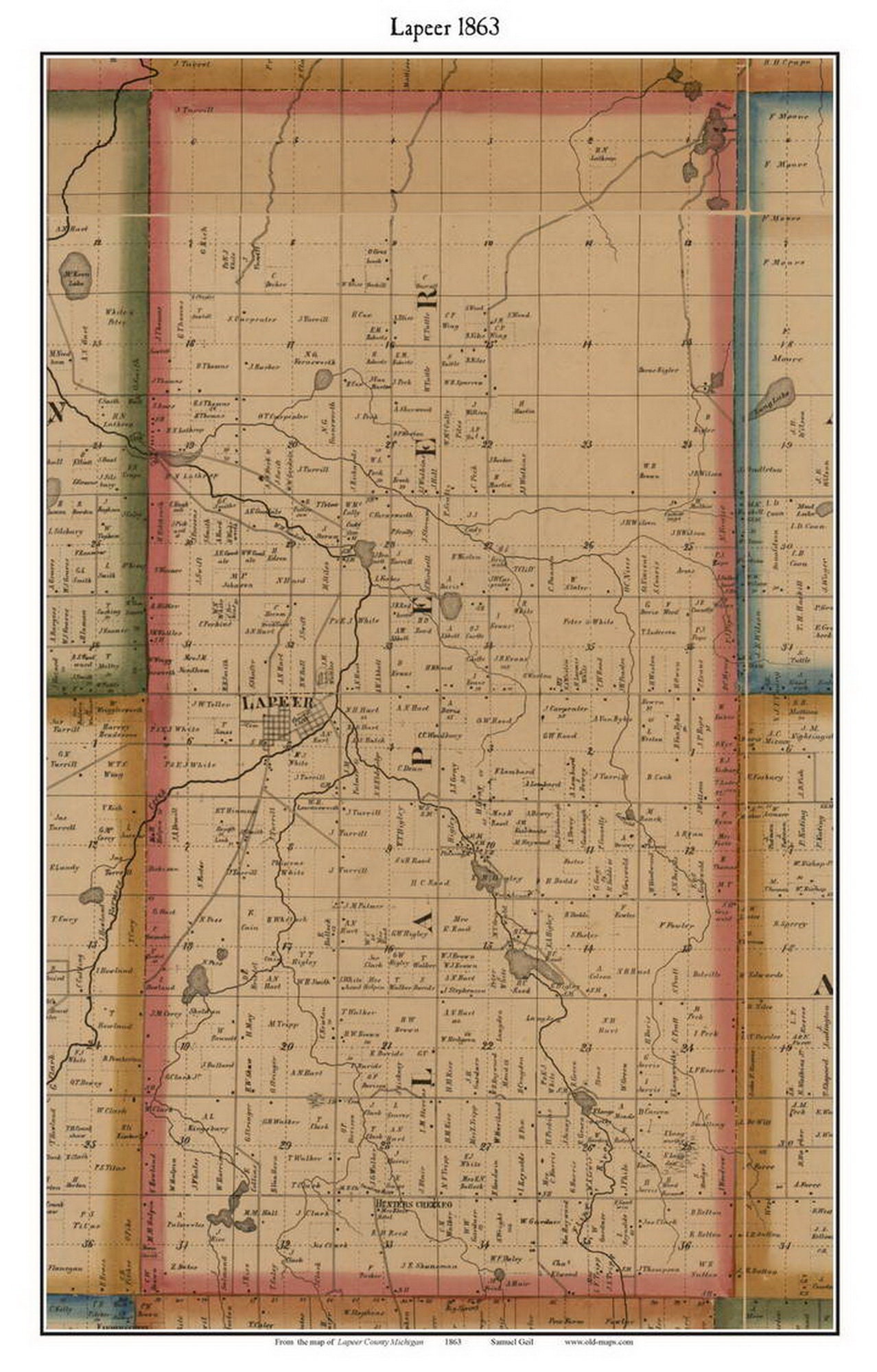 Lapeer 1863 Old Town Map With Homeowner Names Michigan Reprint ...