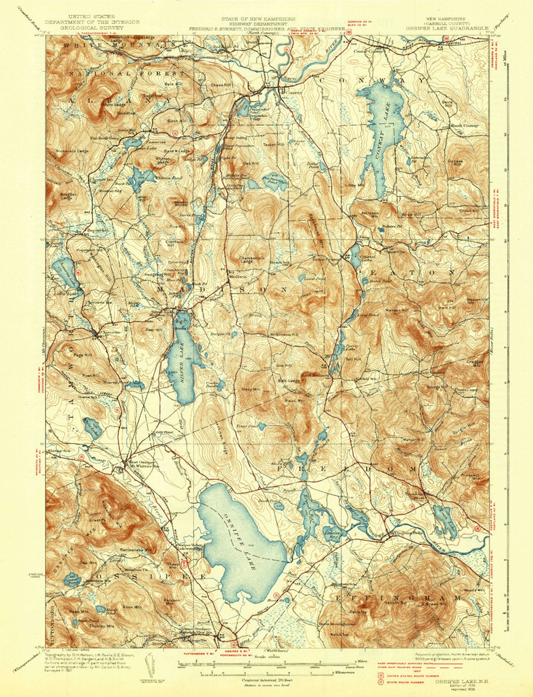Ossipee Lake 1930 (1938) ED Old Topo Map -silver Lake Conway Lake ...