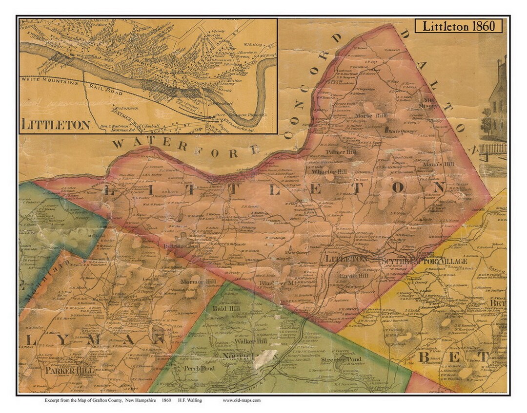 Littleton 1860 Old Town Map With Homeowner Names New Hampshire Reprint ...