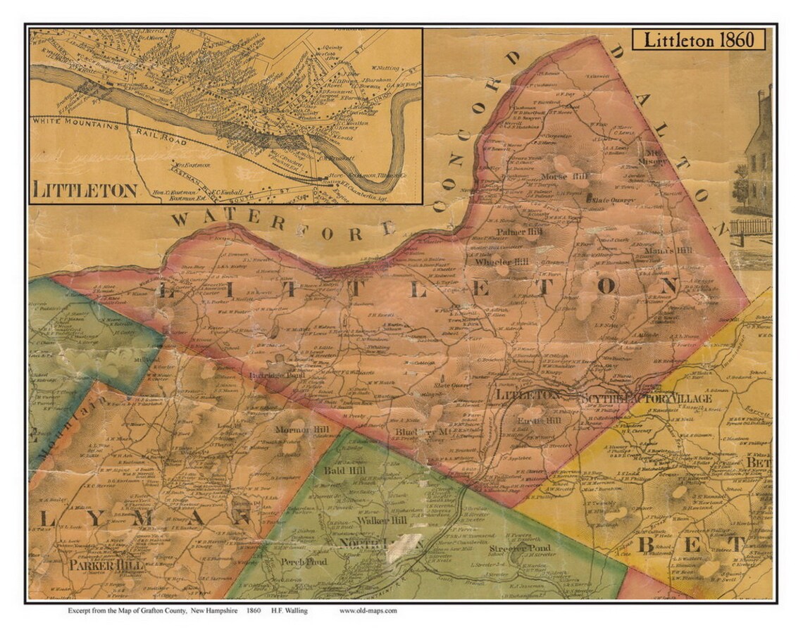 Littleton 1860 Old Town Map With Homeowner Names New Hampshire Reprint ...