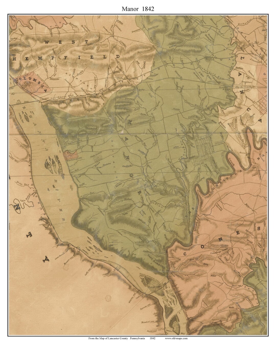 Manor 1842 Old Town Map With Homeowner Names - Pennsylvania - Reprint ...