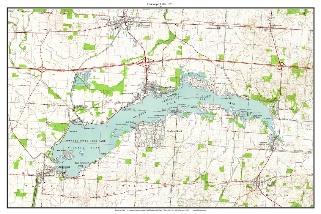 Buckeye Lake 1961 Old Topographic Map USGS - Hebron - Thornville ...