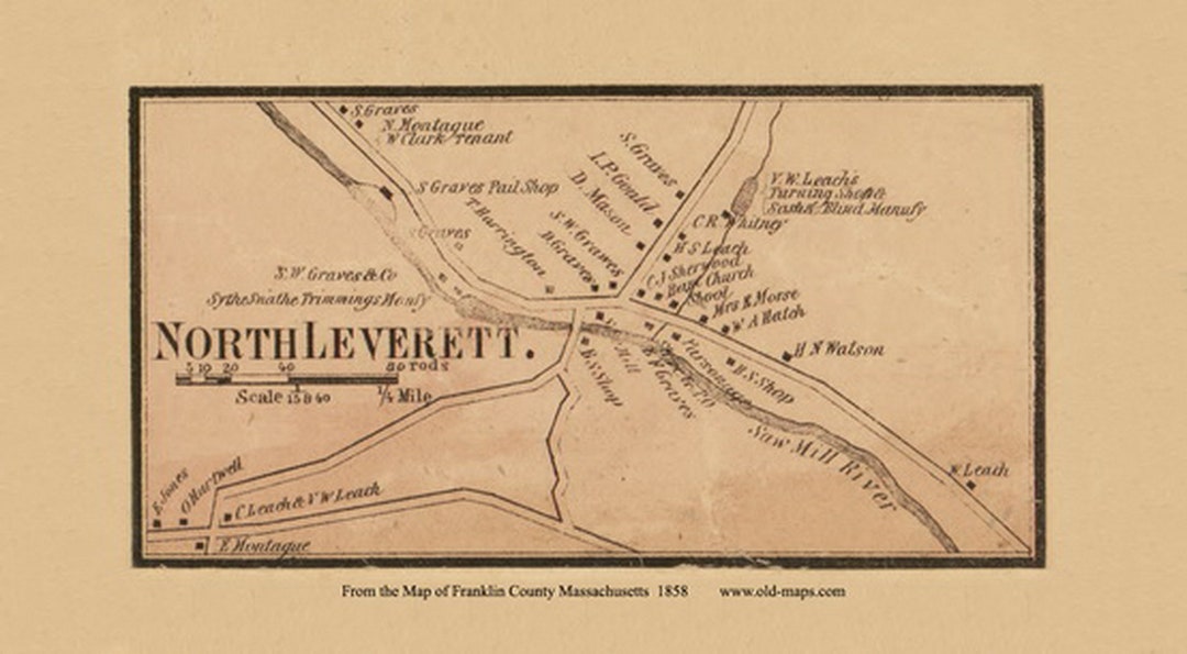 North Leverett 1858 Old Town Map With Homeowner Names -massachusetts ...