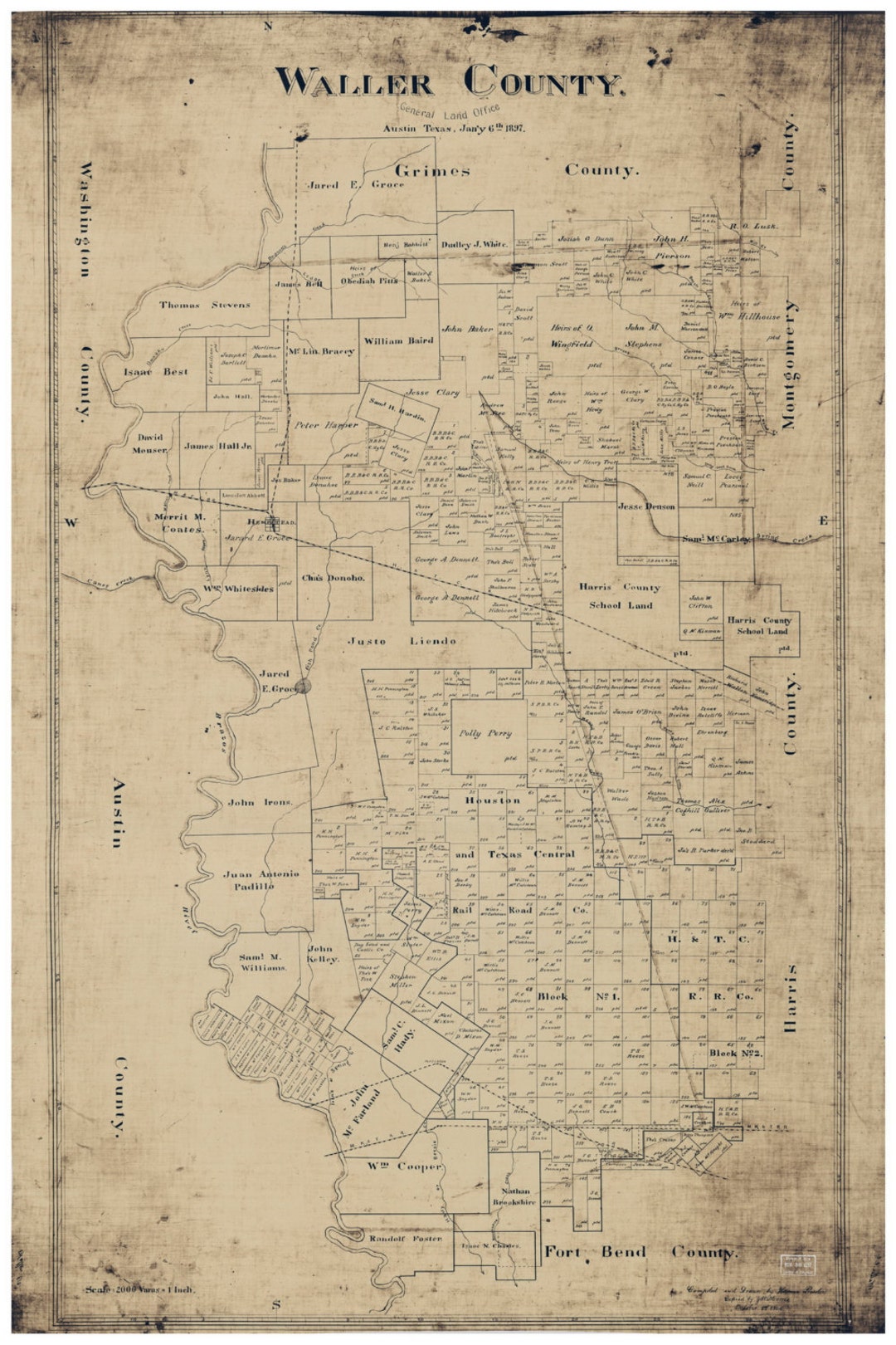 Waller County, Texas 1897 1900 Old Wall Map Reprint With Land Owners ...
