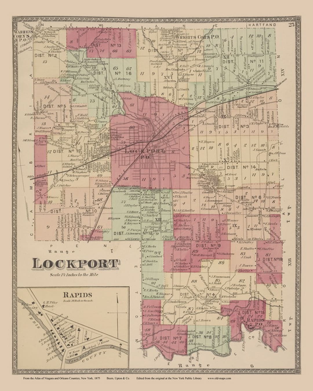 Lockport 1875 - Old Town Map Reprint - Rapids - Niagra & Orleans County ...