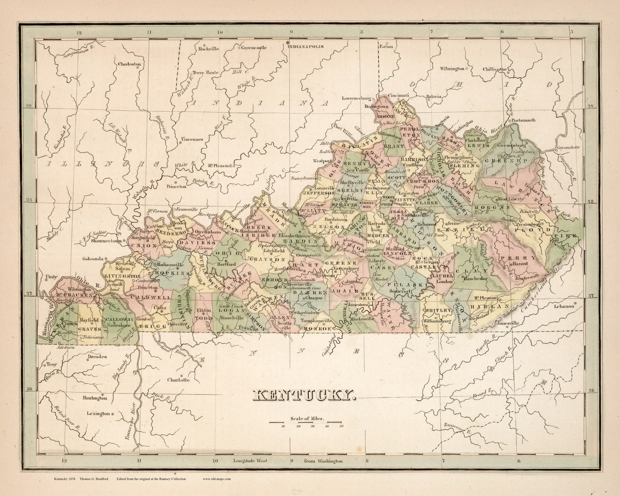 Kentucky 1838 State Map Bradford Old Map Reprint - Etsy