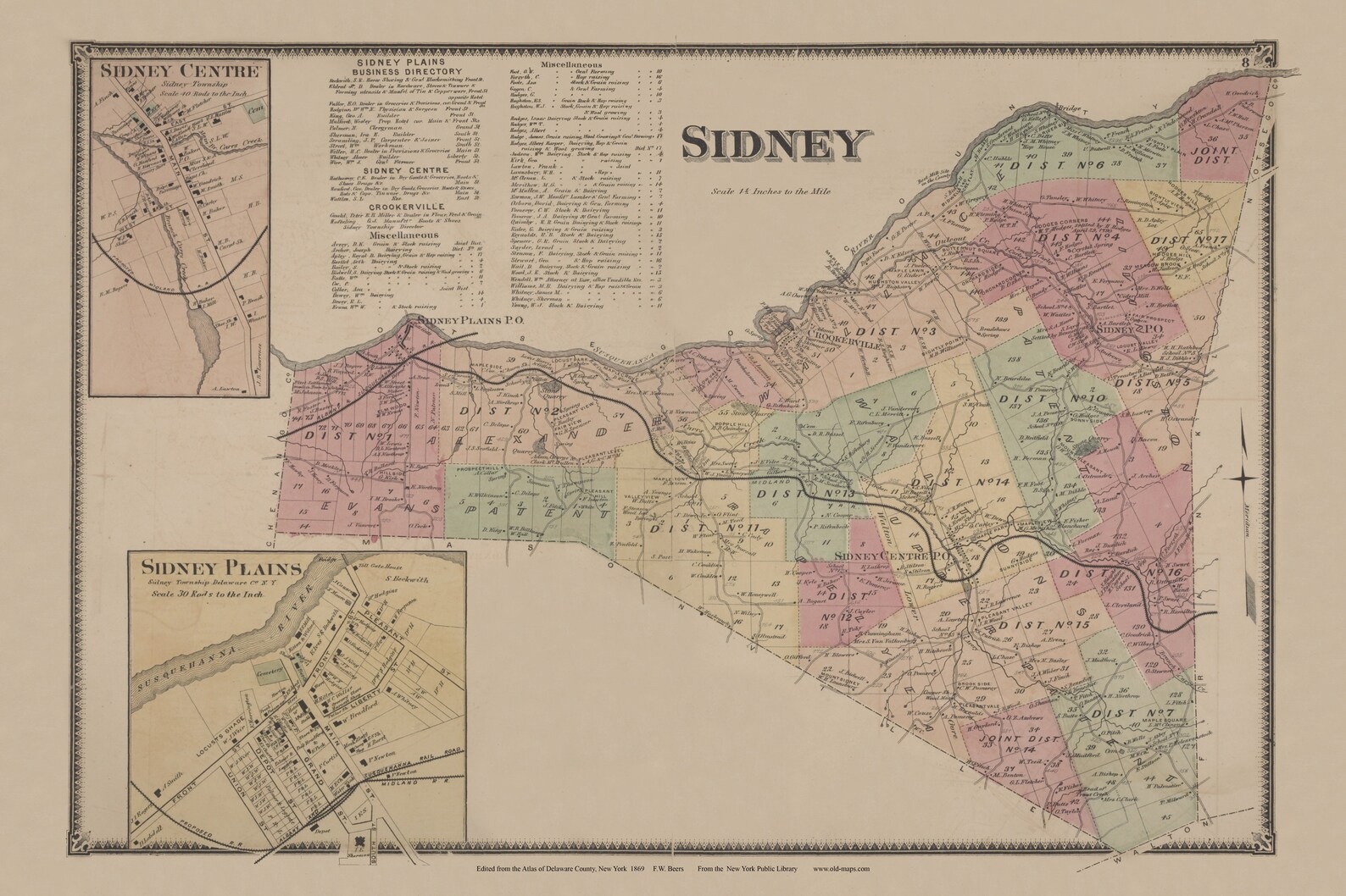 Sidney - 1869 - New York - Delaware Co Atlas Old Town Map Reprint NY ...
