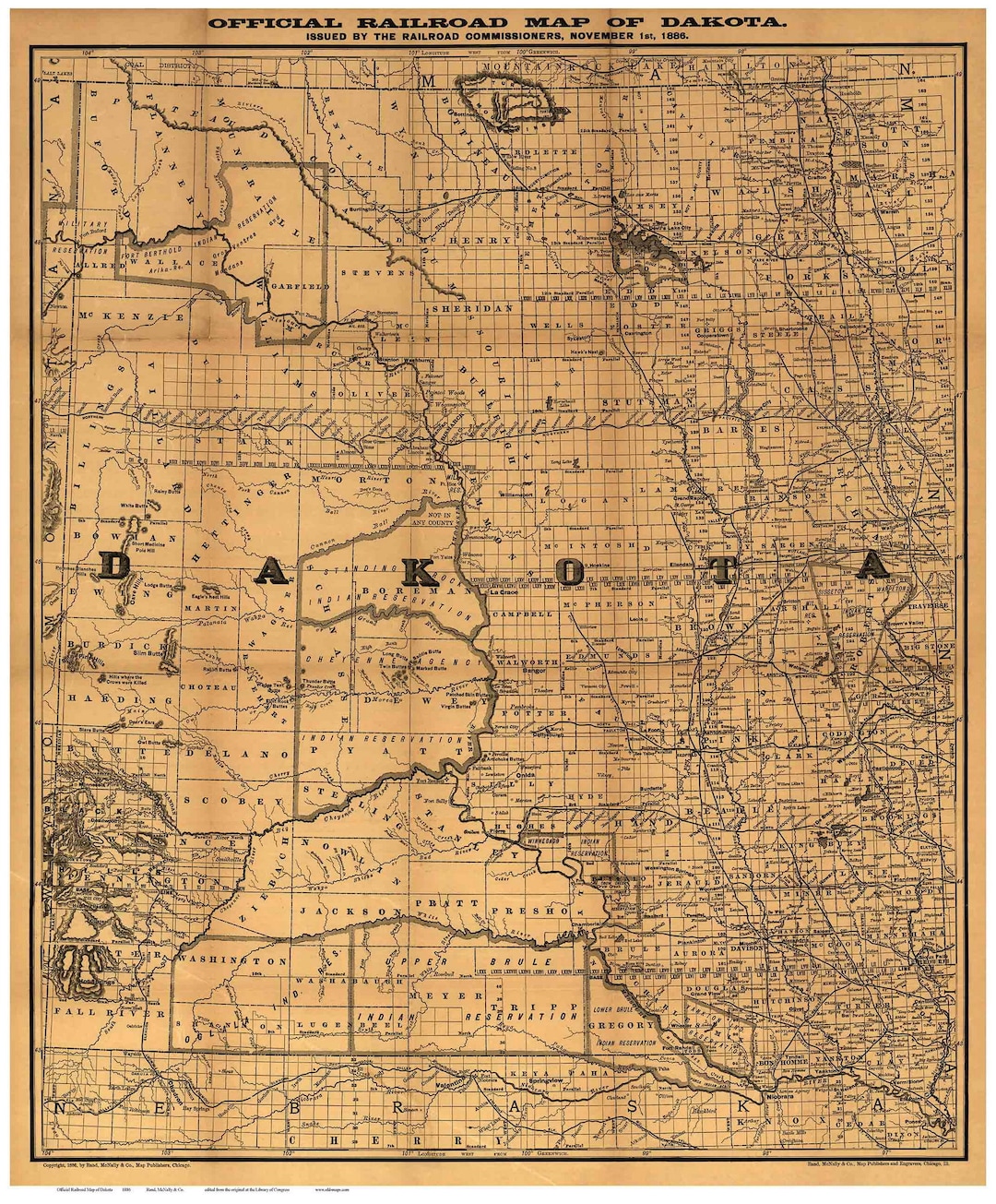 Dakota Territory - 1886 Railroad Map - Old Map Reprint North Dakota ...