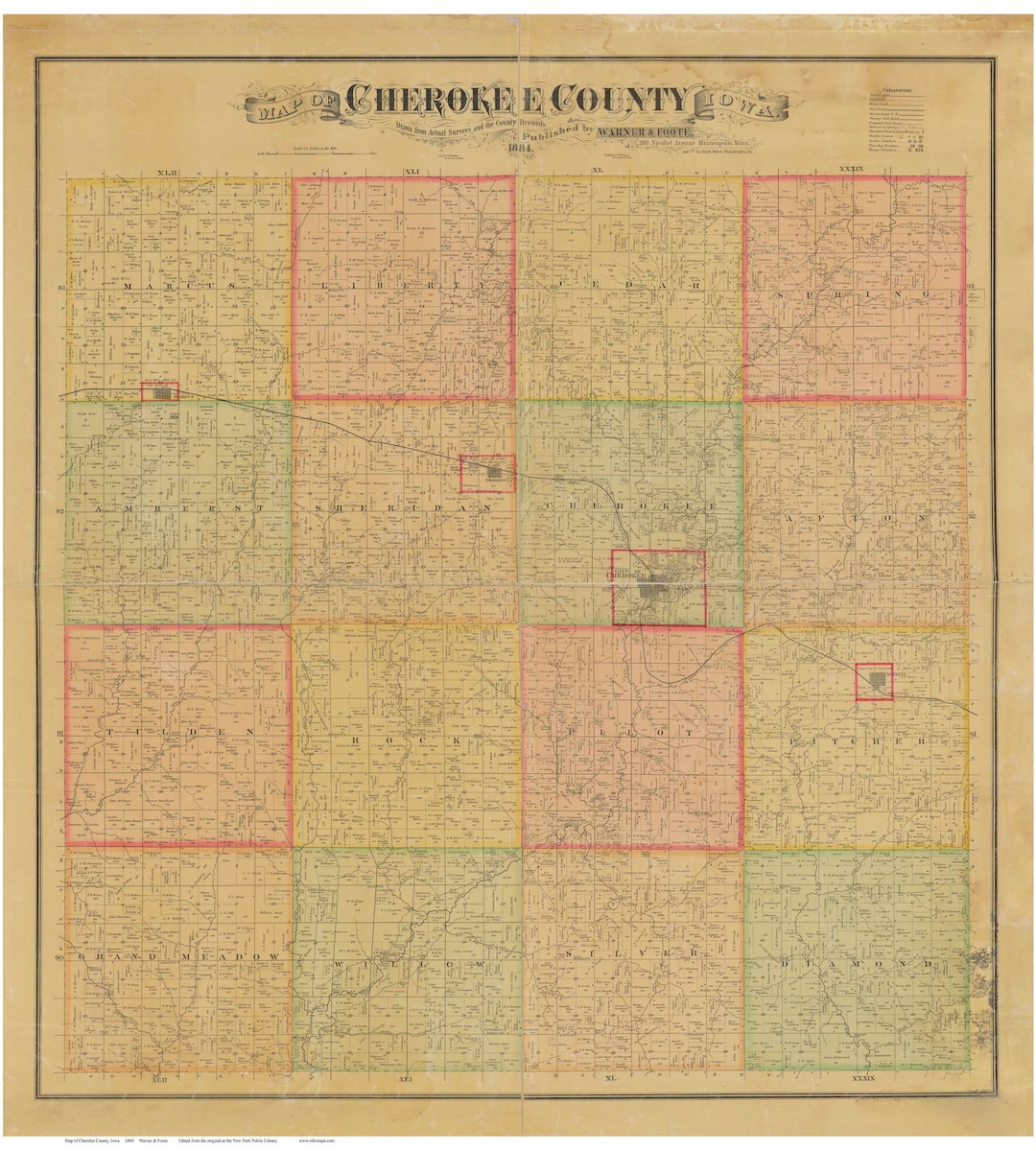Cherokee County Iowa 1884 Old Wall Map With Landowner Names Farm Lines ...