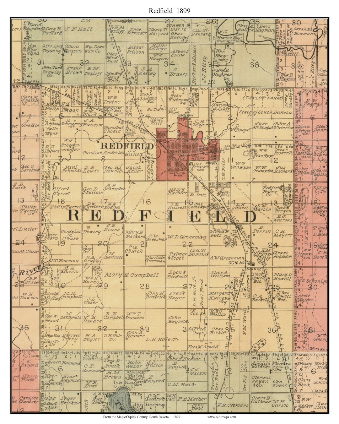Redfield 1899 Old Town Map With Homeowner Names South Dakota Spink ...