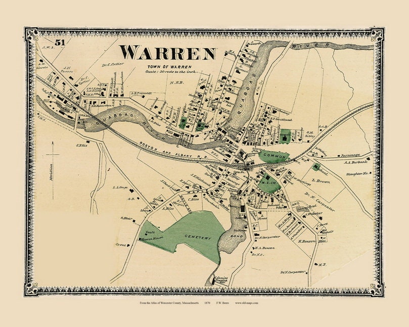 Warren Village 1870 Old Town Map With Homeowner Names Massachusetts ...