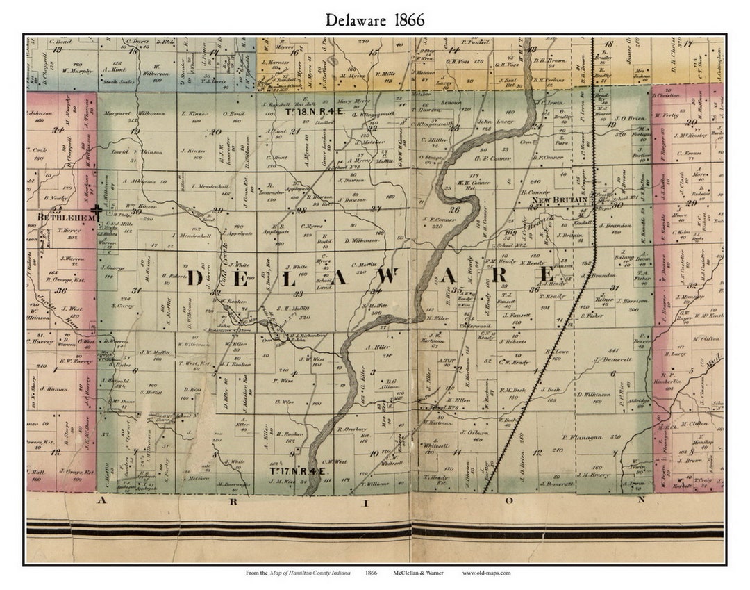 Delaware 1866 Old Town Map With Homeowner Names Indiana New Britain ...