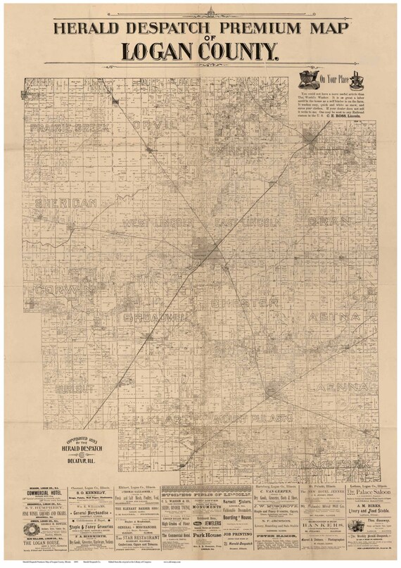 Logan County Illinois 1893 Old Wall Map Reprint With | Etsy