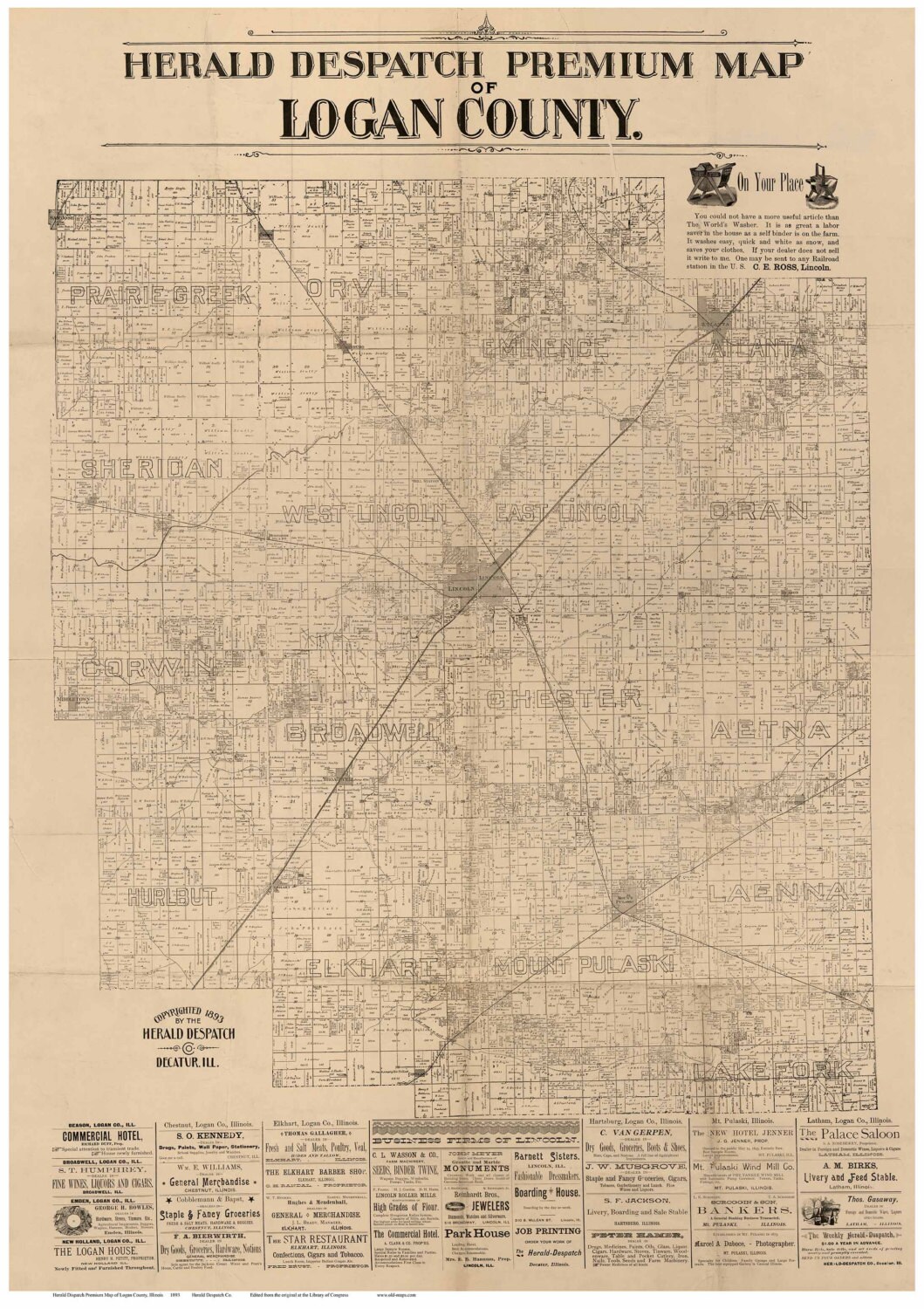 Logan County Illinois 1893 Old Wall Map Reprint with | Etsy