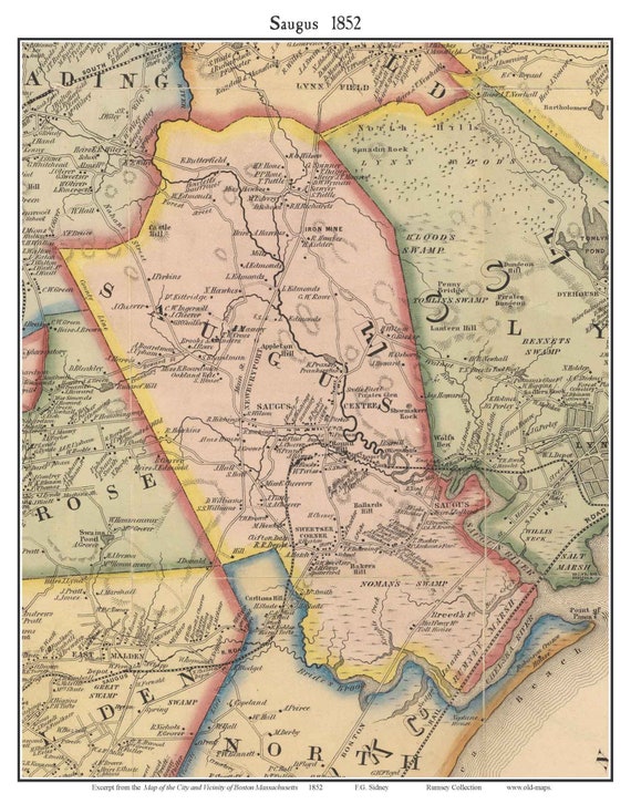 Saugus 1852 Old Town Map With Homeowner Names Massachusetts - Etsy