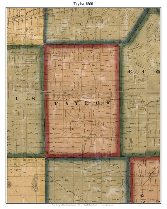 Taylor 1860 Old Town Map With Homeowner Names Michigan - Etsy