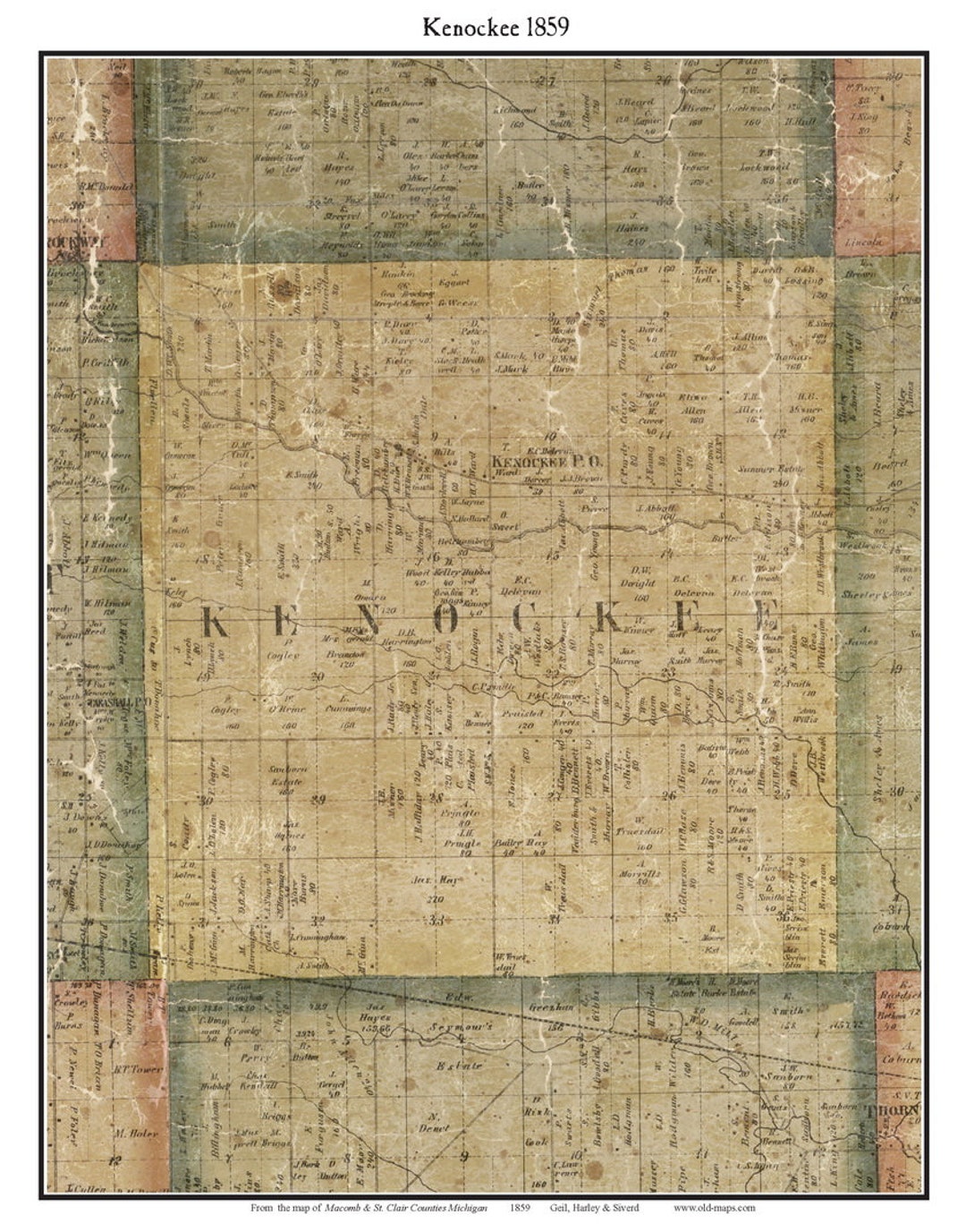Kenockee 1859 Old Town Map With Homeowner Names - Michigan - Reprint ...