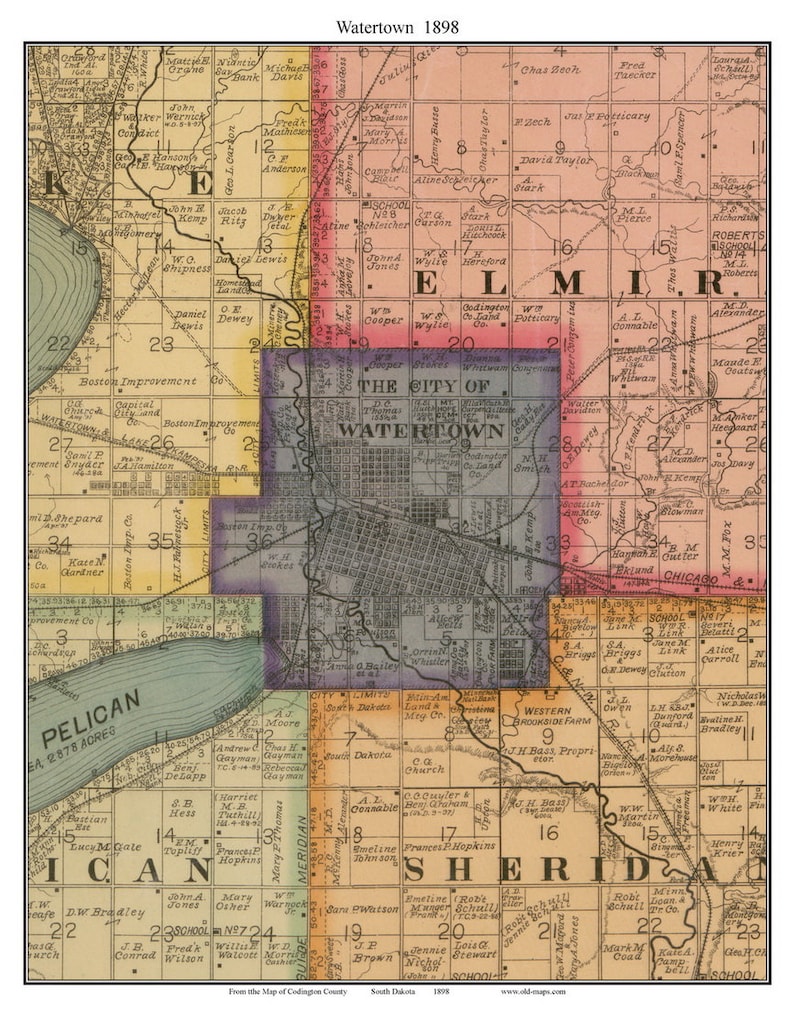 Watertown 1898 Old Town Map With Homeowner Names South Dakota Codington ...