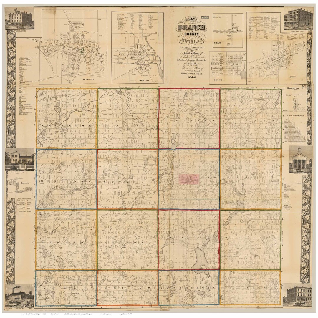 Branch County Michigan 1858 - Wall Map Reprint With Homeowner Names ...