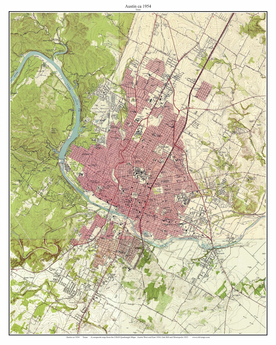 Austin 1954 Texas Old Map - USGS Composite Custom - Lady Bird Lake ...