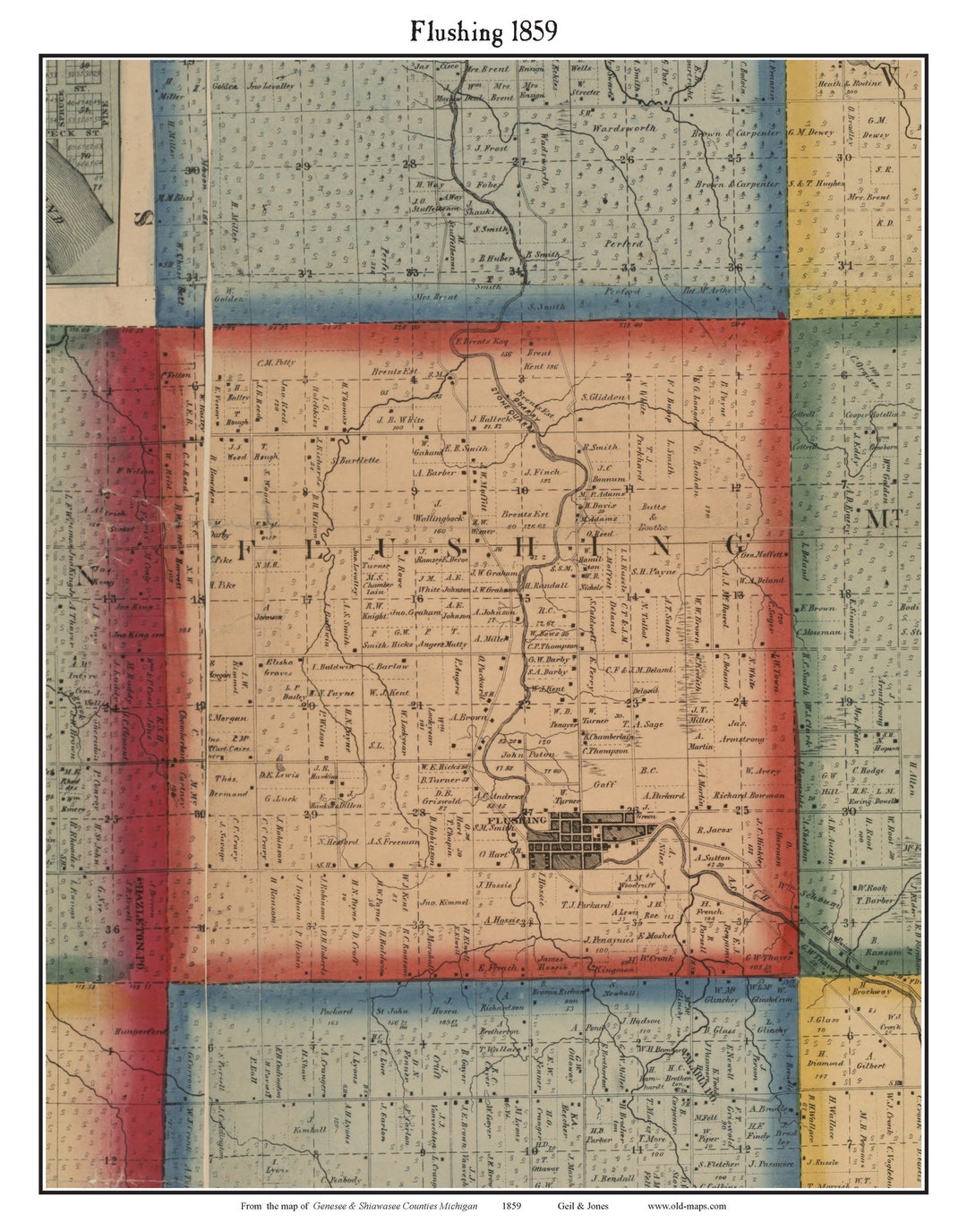 Flushing 1859 Old Town Map With Homeowner Names Michigan - Reprint ...