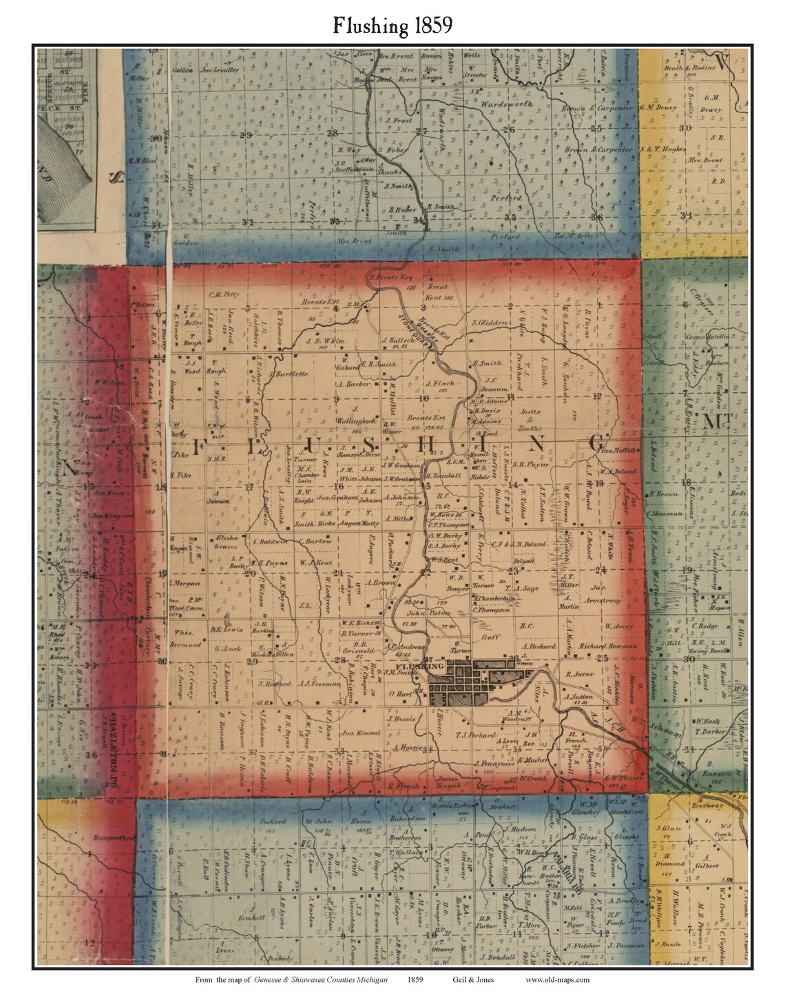 Flushing 1859 Old Town Map With Homeowner Names Michigan - Etsy