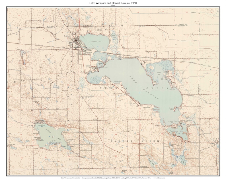 Lake Wawasee 1950 Old Topographic Map USGS - Dewart Lake - Syracuse ...