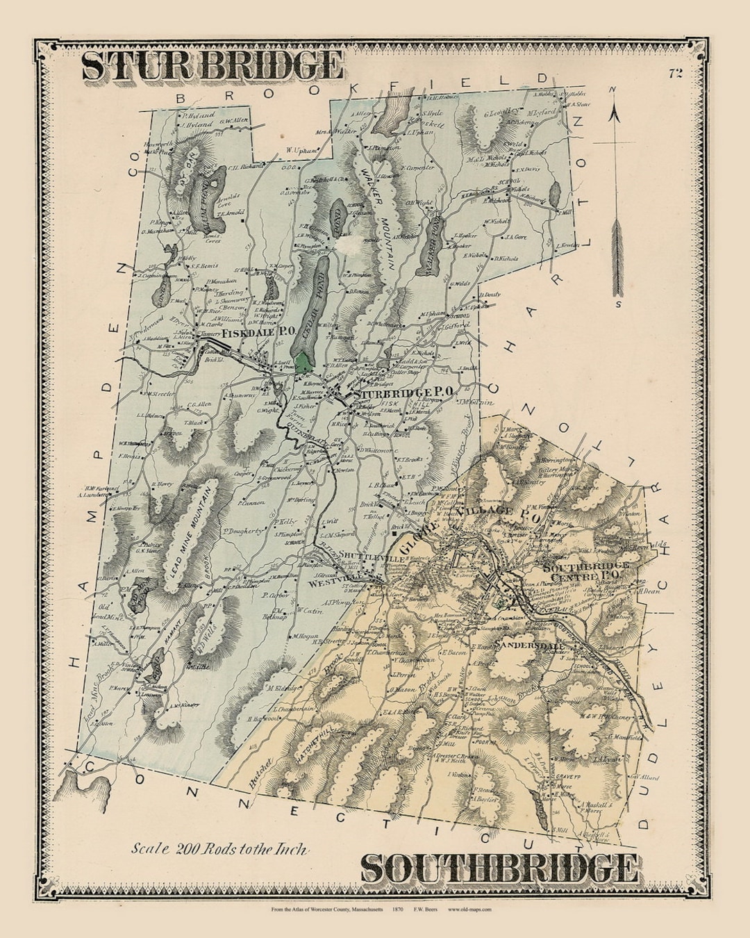 Sturbridge & Southbridge 1870 Old Town Map With Homeowner Names ...