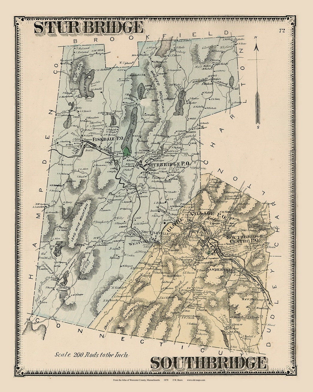 Sturbridge & Southbridge 1870 Old Town Map With Homeowner Names ...