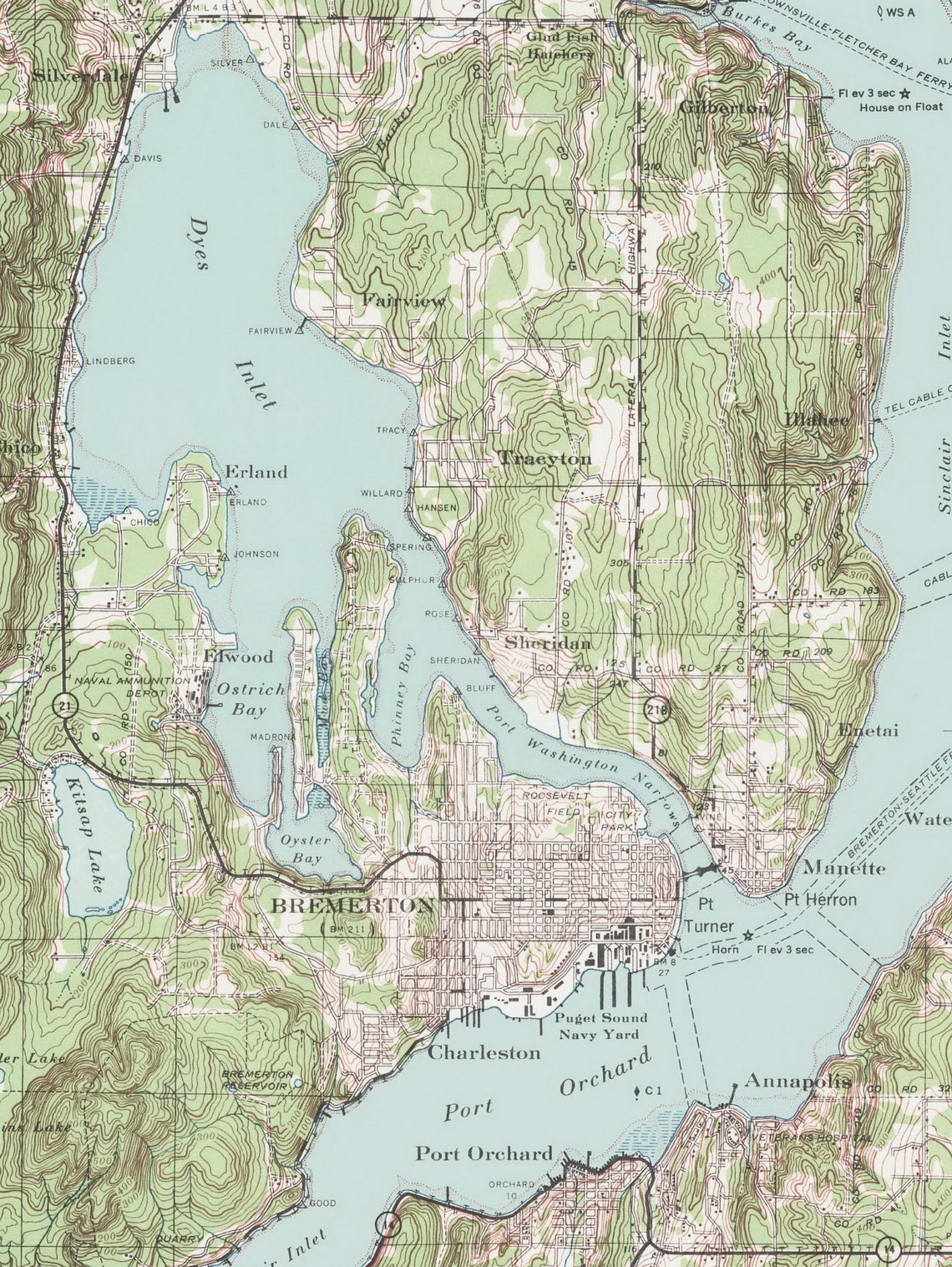 Hood Canal Ca. 1940 USGS Old Topographic Map Custom | Etsy