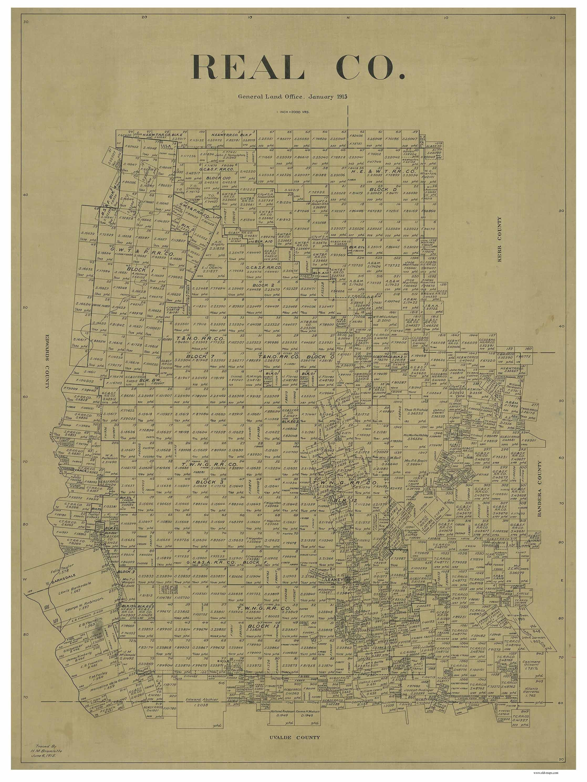 Real County, Texas 1915 Old Wall Map Reprint With Land Owners Names ...