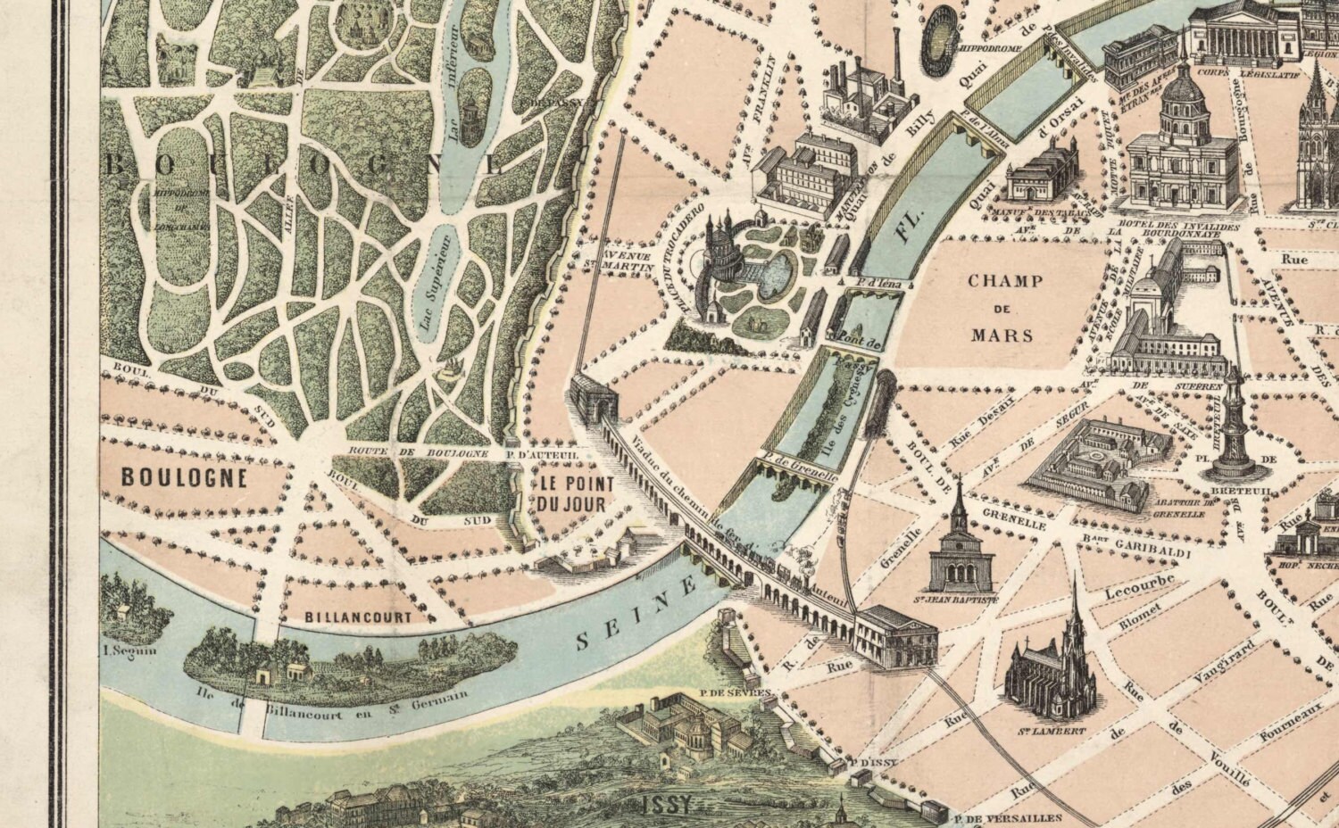 Old Map of Paris 1878 Birds Eye View France Buildings Street Names ...