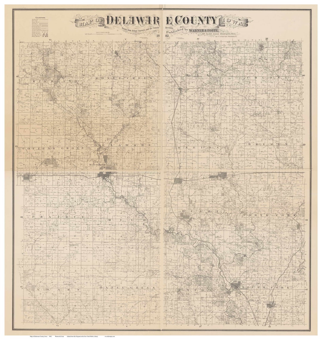 Delaware County Iowa 1882 Old Wall Map With Landowner Names Farm Lines ...