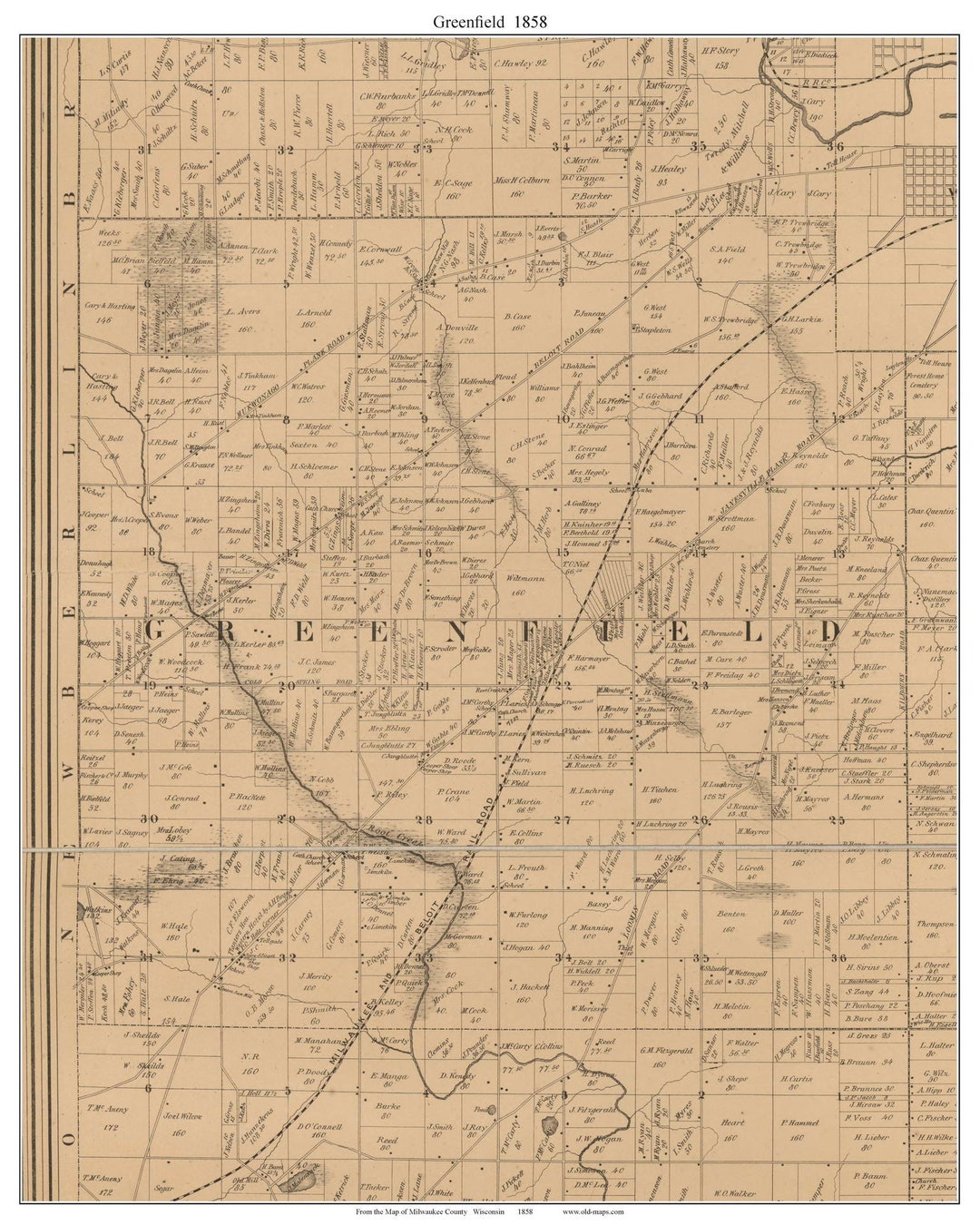 Greenfield 1858 - Old Town Map With Homeowner Names - Wisconsin ...