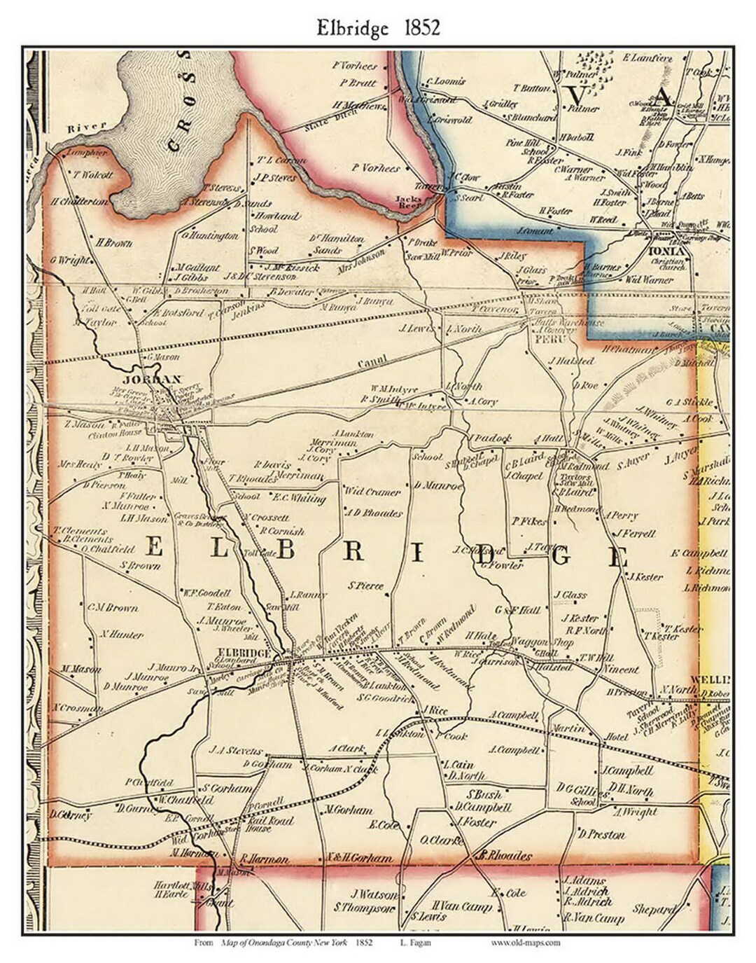 Elbridge 1852 Old Town Map With Homeowner Names New York Jordan ...
