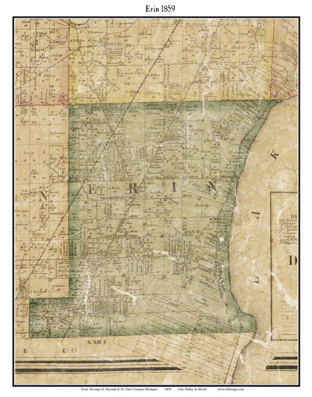Erin 1859 Old Town Map With Homeowner Names - Michigan - Reprint ...