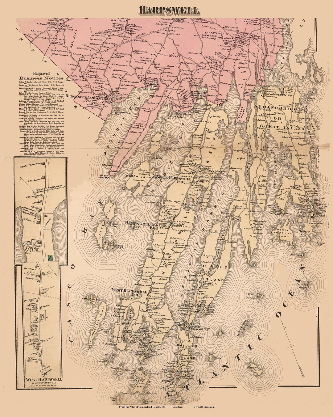 Harpswell 1871 Map Homeowner Names Custom Reprint Cumberland Co Beers ...