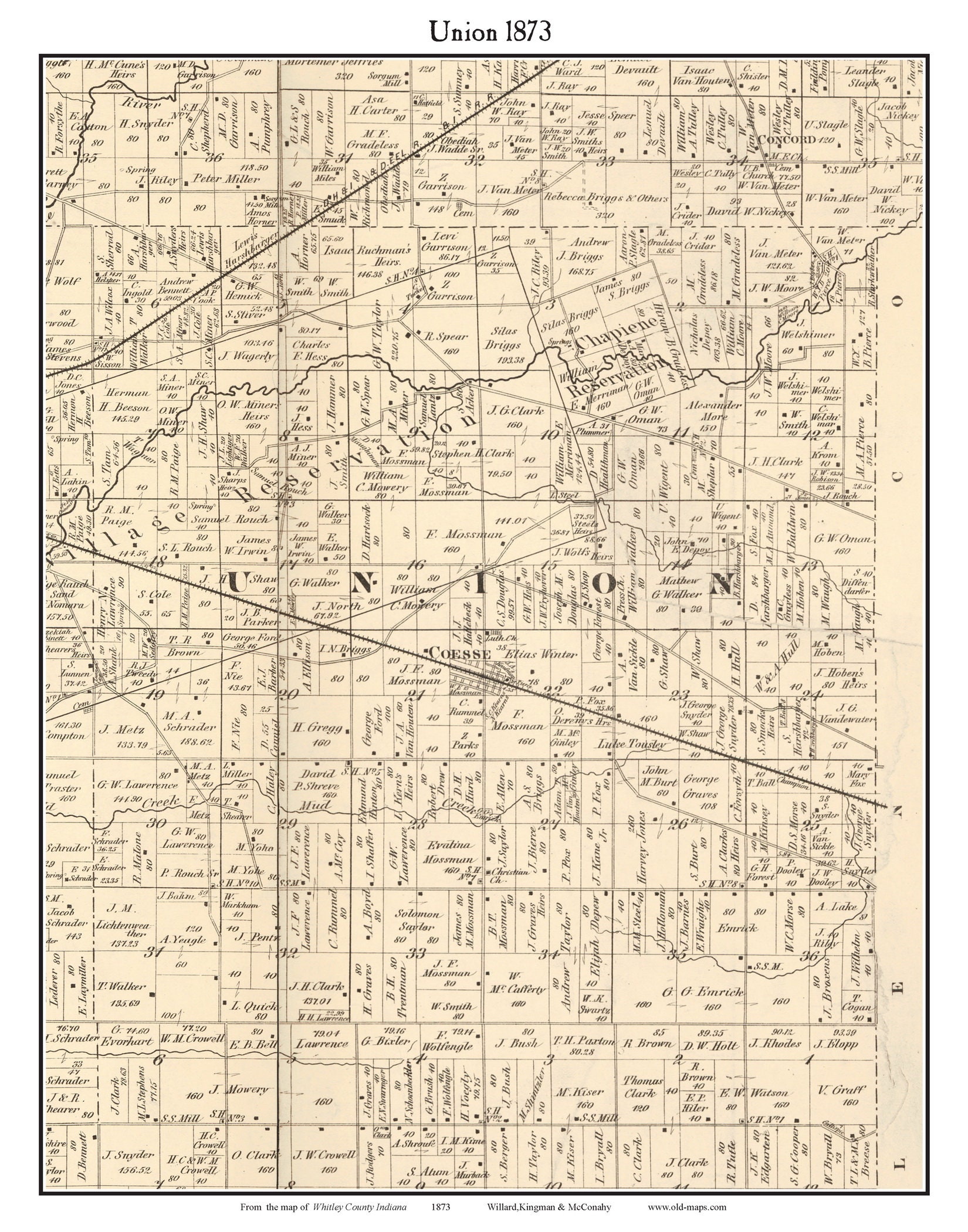 Union 1873 Old Town Map With Homeowner Names Indiana Coesse Chapiene ...