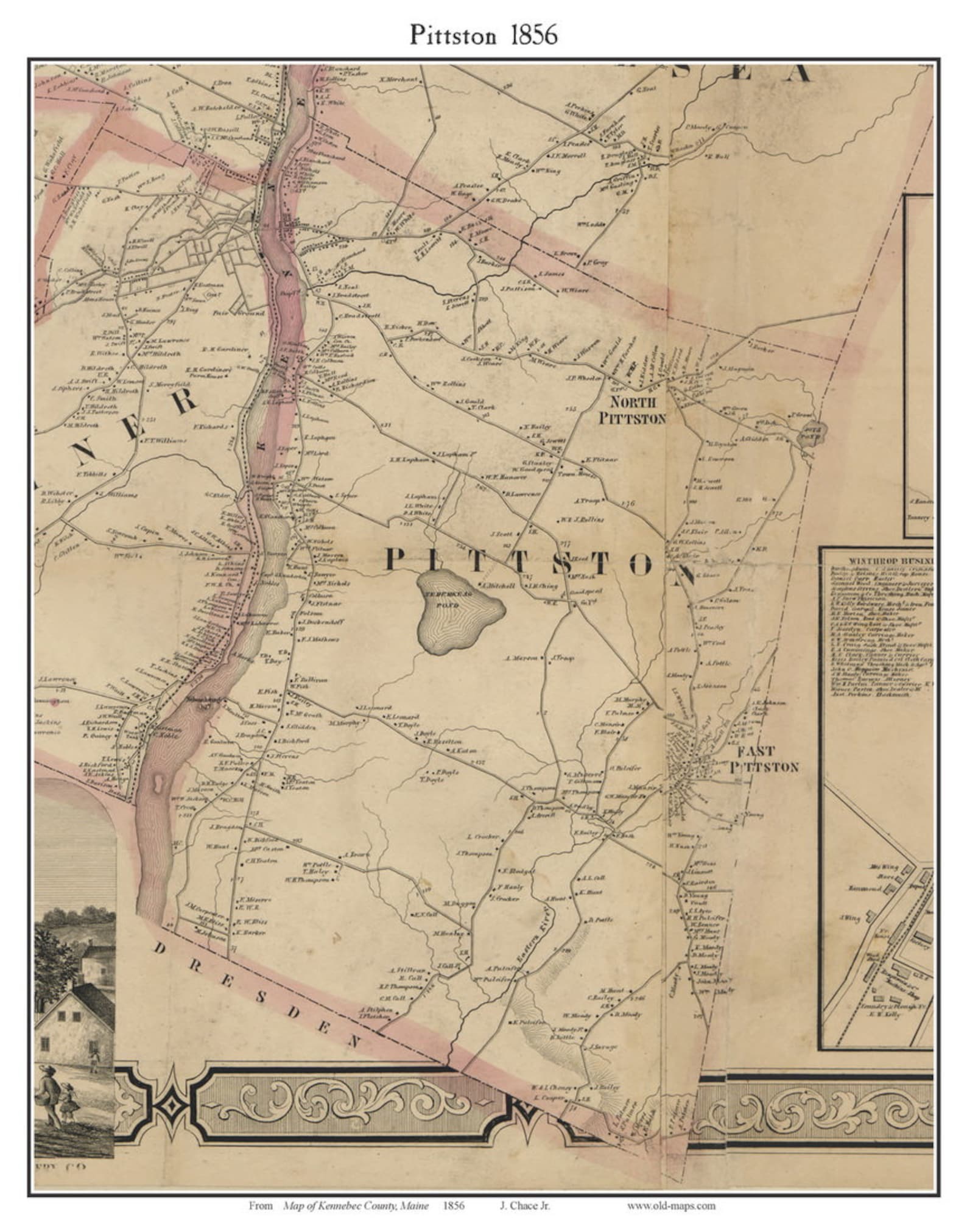 Pittston 1856 Old Town Map With Homeowner Names Maine Reprint Genealogy ...
