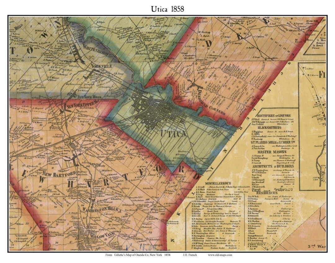 Utica 1858 Old Town Map - With Homeowner Names New York Reprint ...