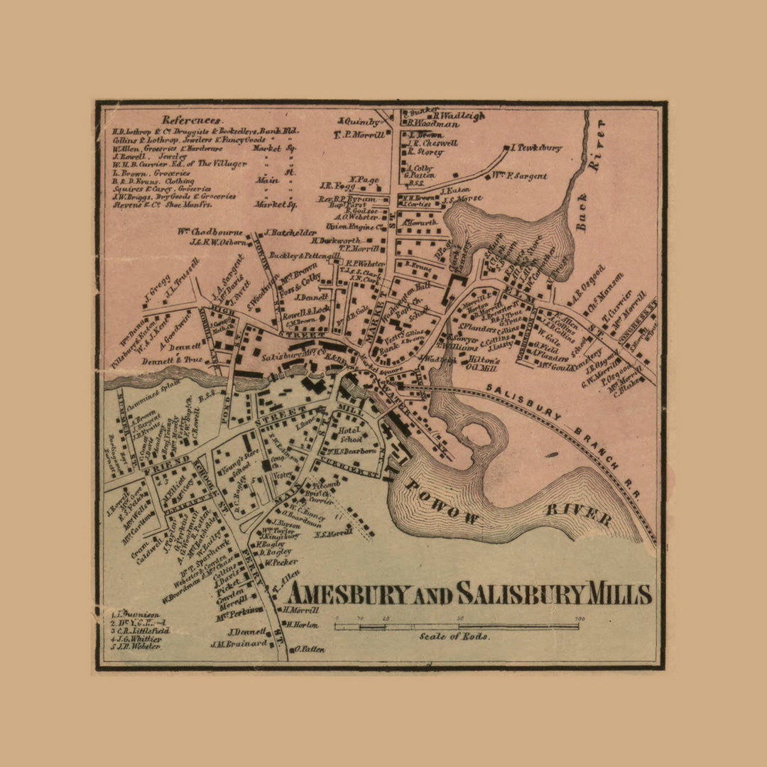 Amesbury and Salisbury Mills Villages Massachusetts 1856 Old Town Map ...