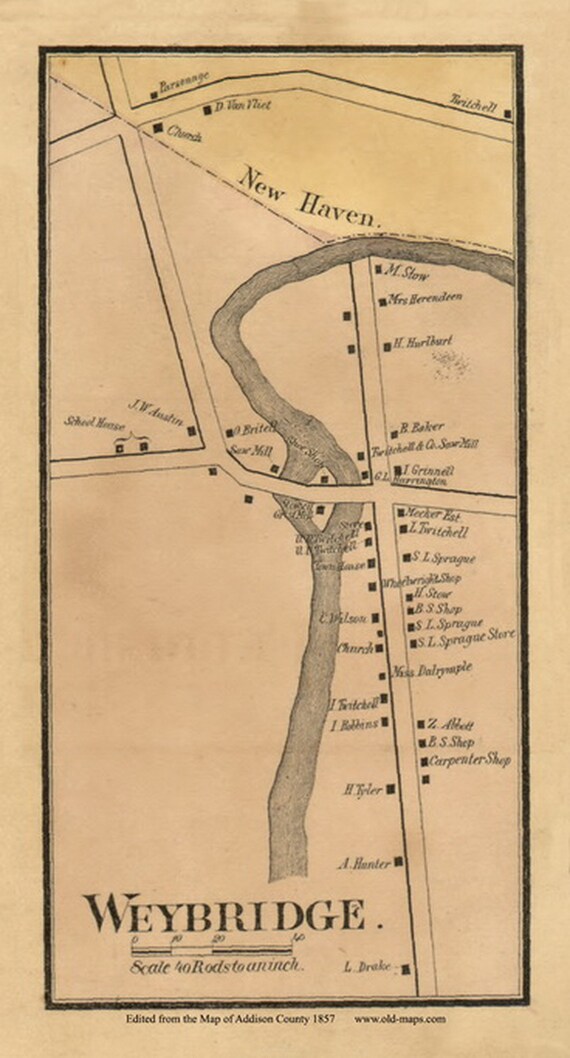 Weybridge Village Vermont 1857 Old Town Map Reprint Addison | Etsy