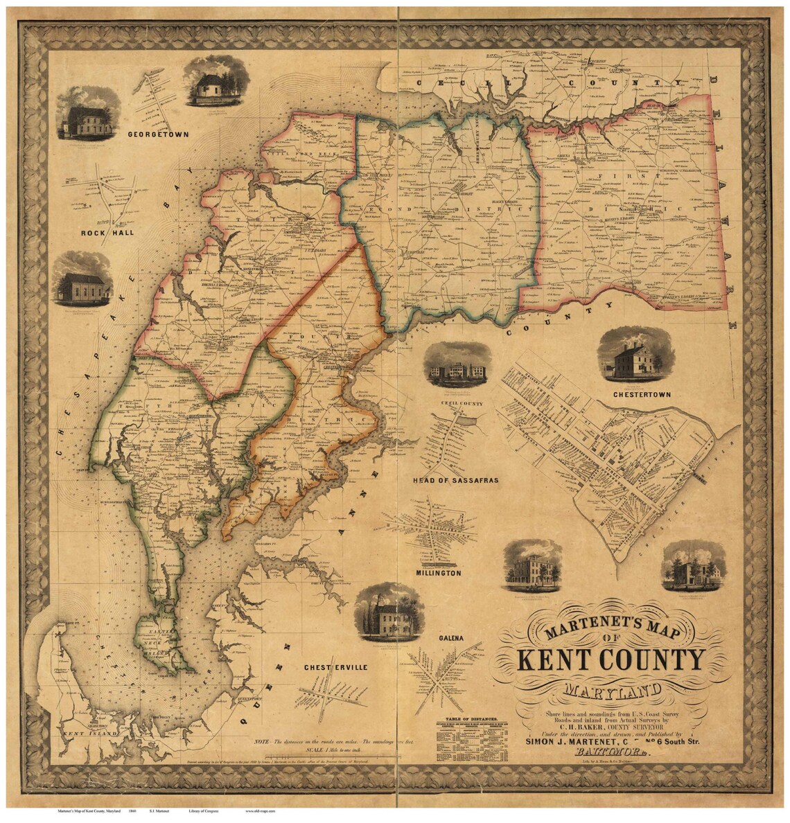 Kent County, Maryland 1860 by Simon J. Martenet- Old Wall Map Reprint ...